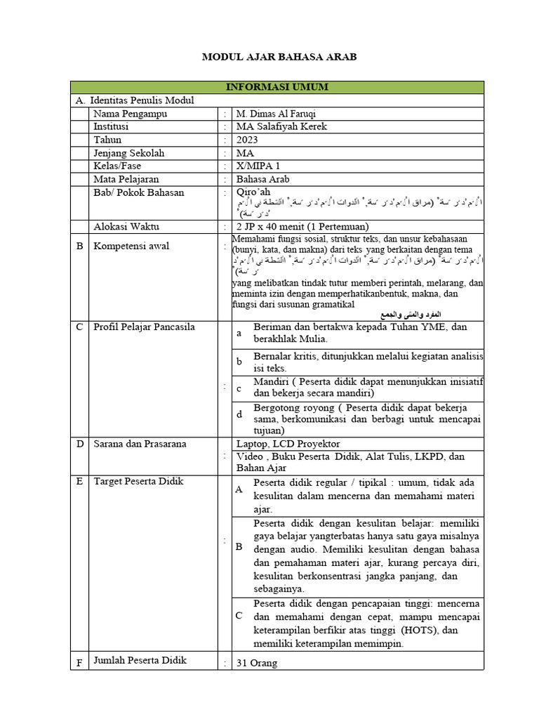 Modul Ajar Bahasa Arab Kelas X Ma SMT Ganjil | PDF