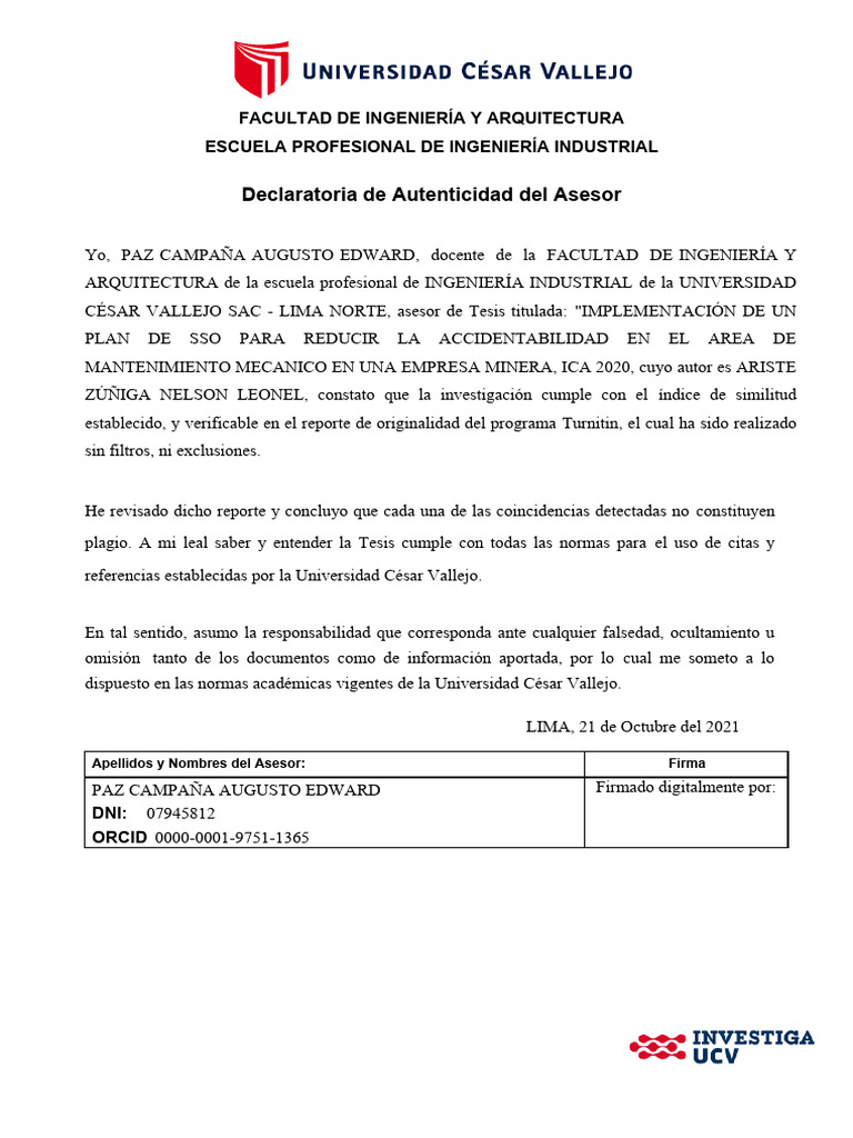 Declaratoria de Autenticidad Del Asesor LEONEL | PDF