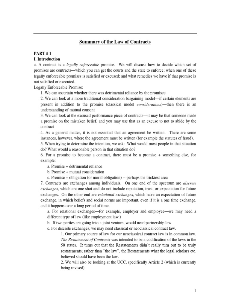 Law of Contracts Summary | PDF | Offer And Acceptance | Consideration