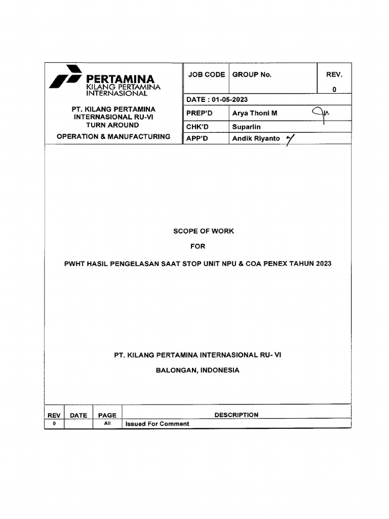 Sow PWHT Hasil Pengelasan Stop Npu & Coa Penex | PDF