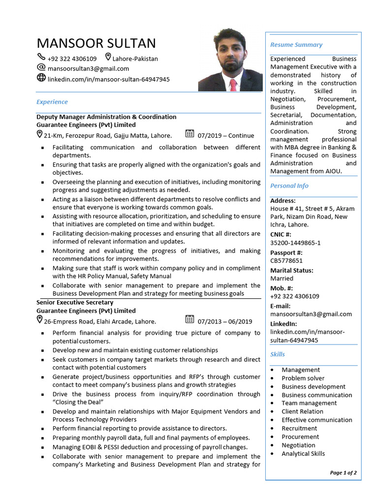 Resume-Mansoor Sultan & Pic | PDF | Request For Proposal | Procurement