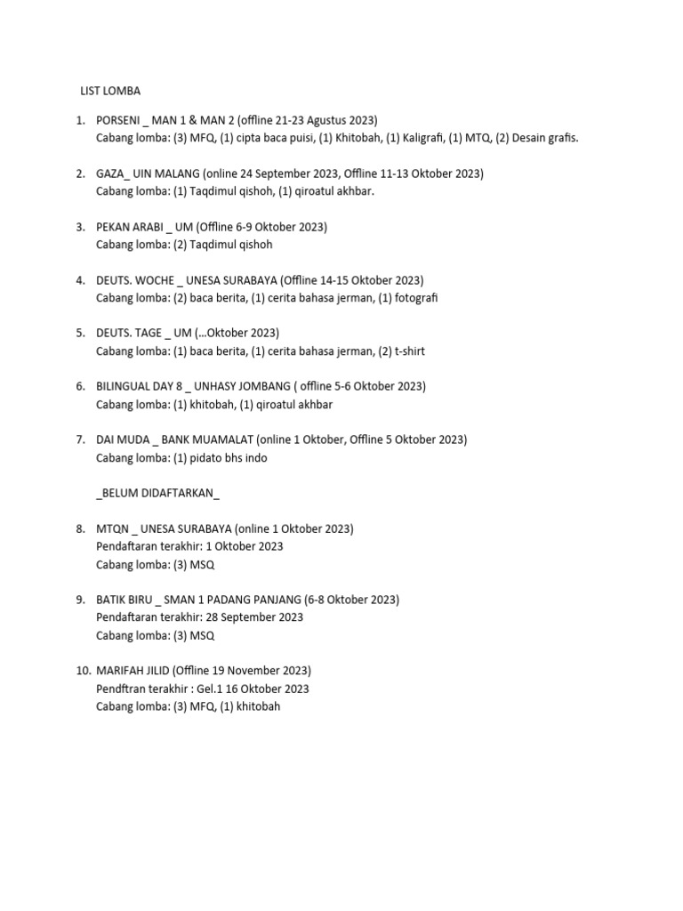 contoh list lomba dalam ms.word | PDF
