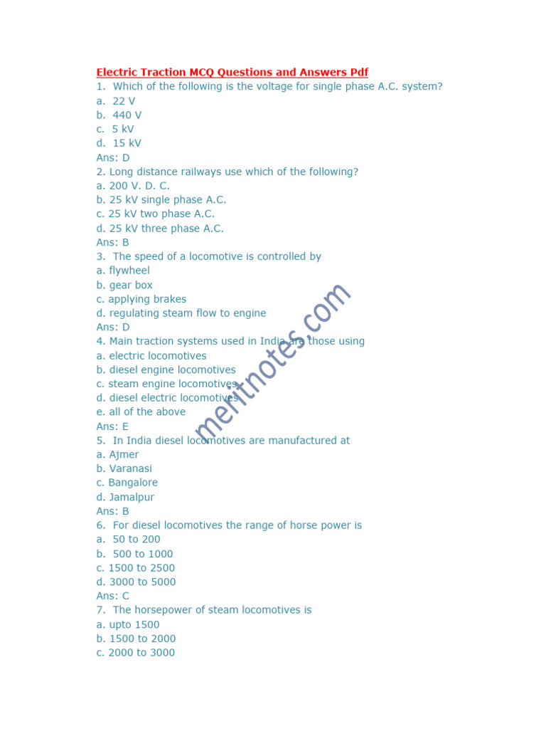 Electric Traction MCQ Questions Answers | PDF | Technology & Engineering