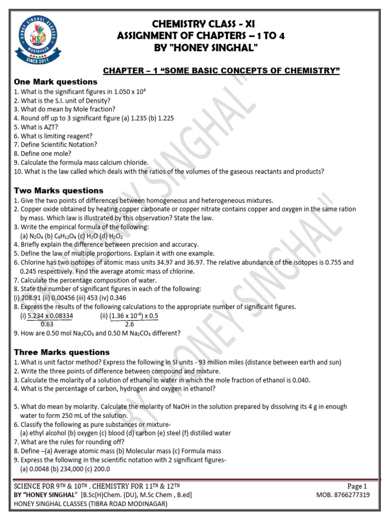 2022-23 Class - 11TH Assignment of Chemistry Chapters - 1 To 4 | PDF | Chemical Bond | Periodic ...