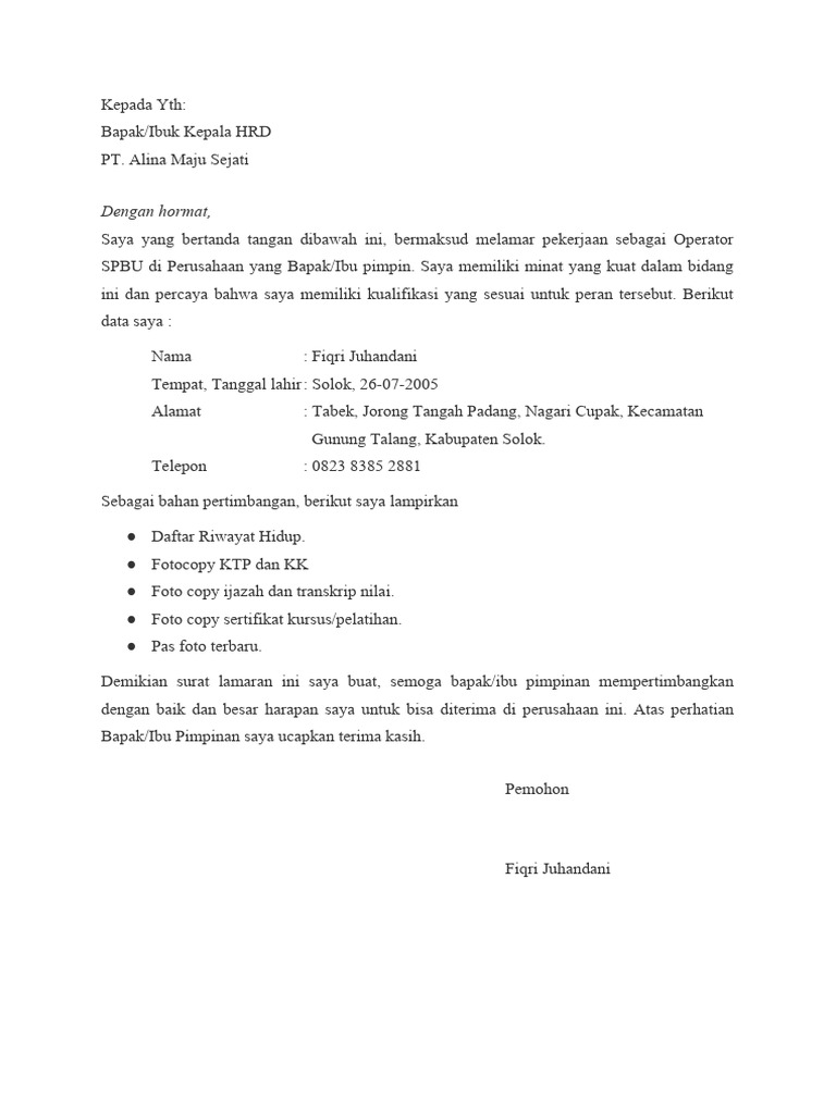 Surat Lamaran Kerja Operator SPBU | PDF | Karier & Perkembangan