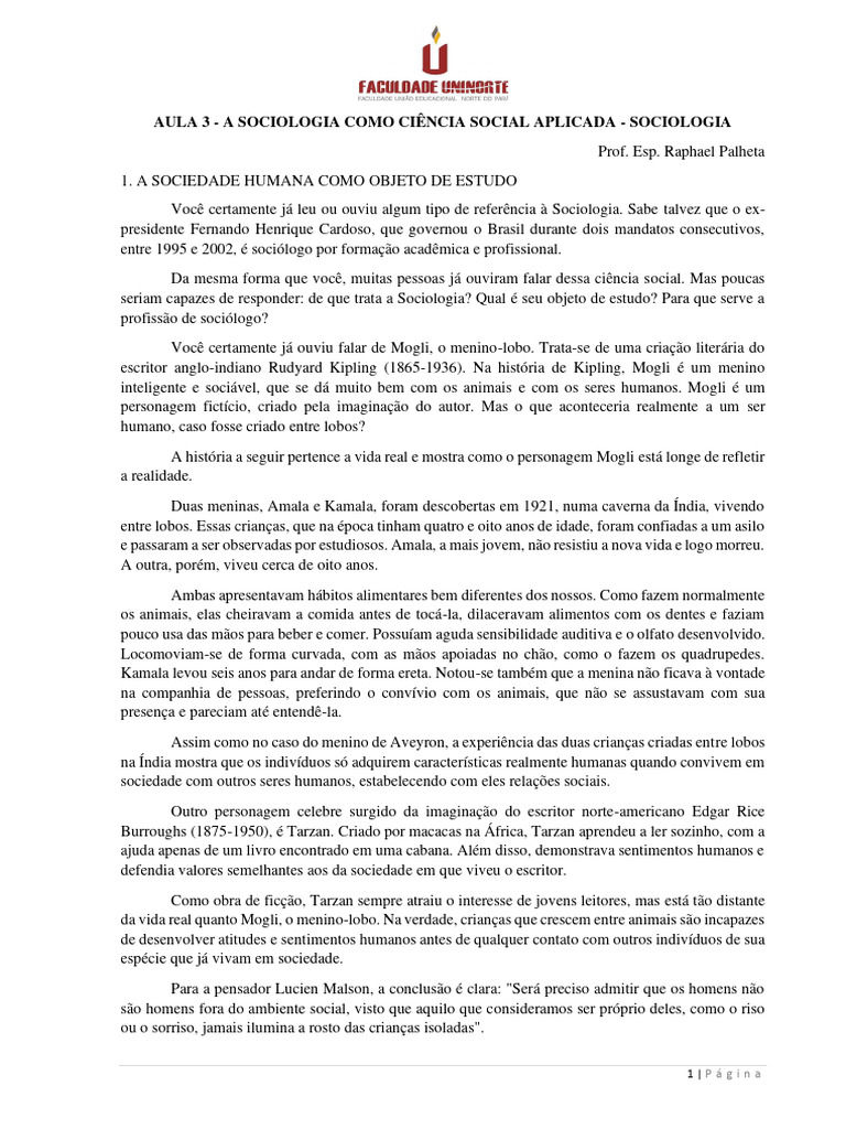 Aula 3 A Sociologia Como Ciência Social Aplicada - Sociologia - Psicologia | PDF | Sociologia ...
