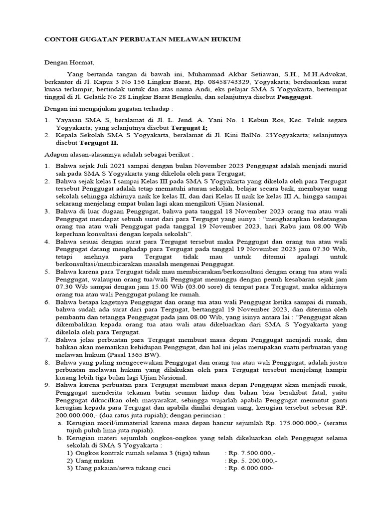 Contoh Gugatan PMH di Pengadilan | PDF