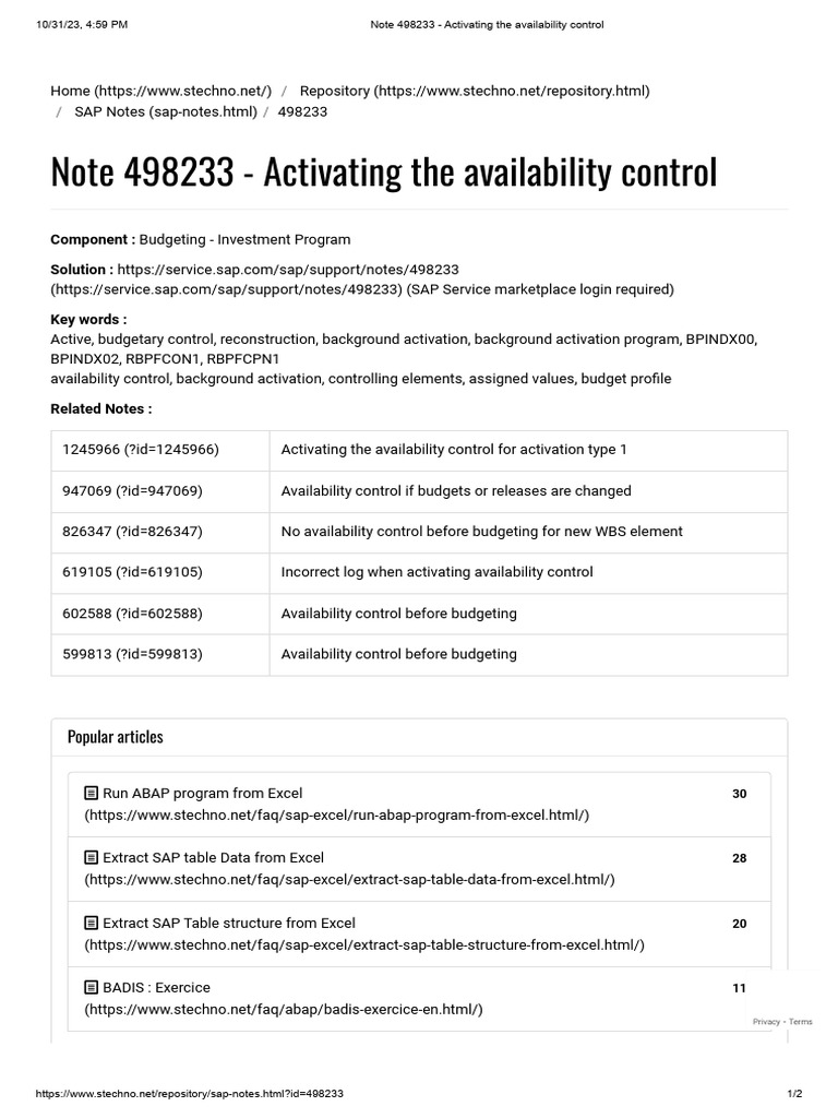 Note 498233 - Activating The Availability Control | PDF | Computing | Computer Science