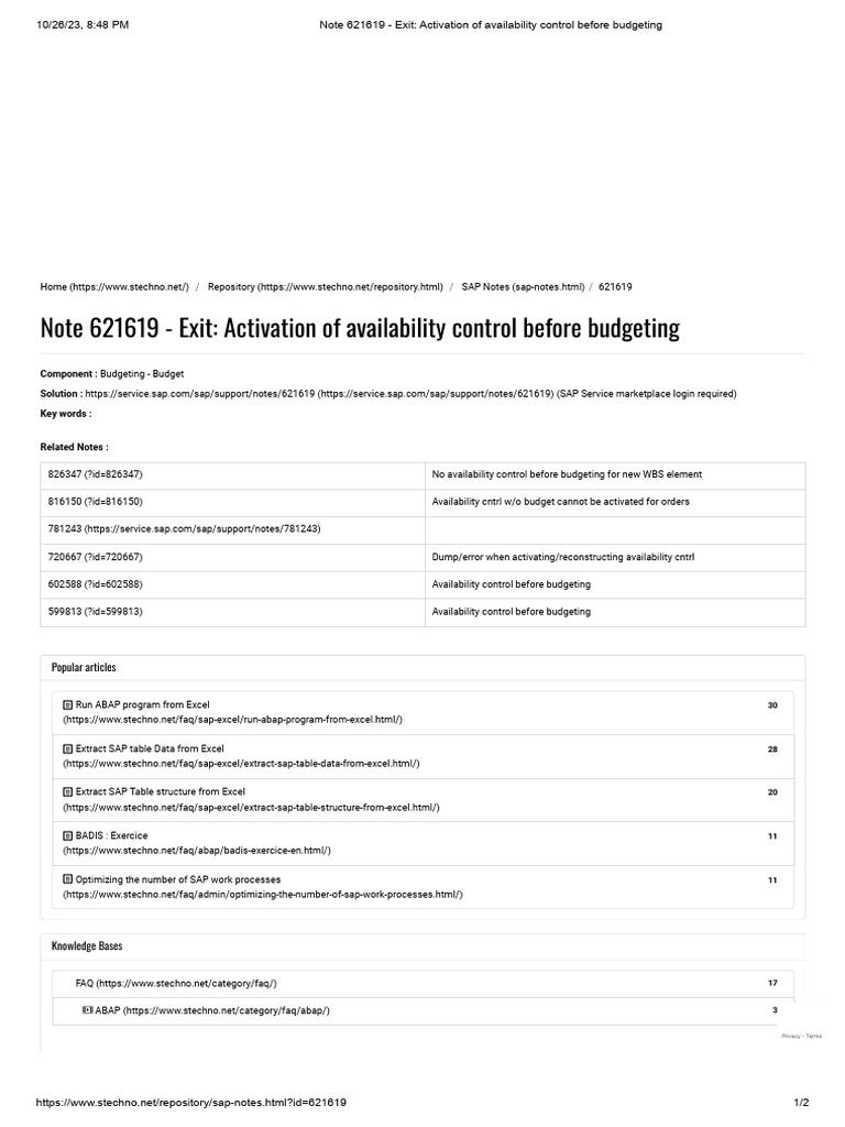 Note 621619 - Exit - Activation of Availability Control Before Budgeting | PDF | Information ...