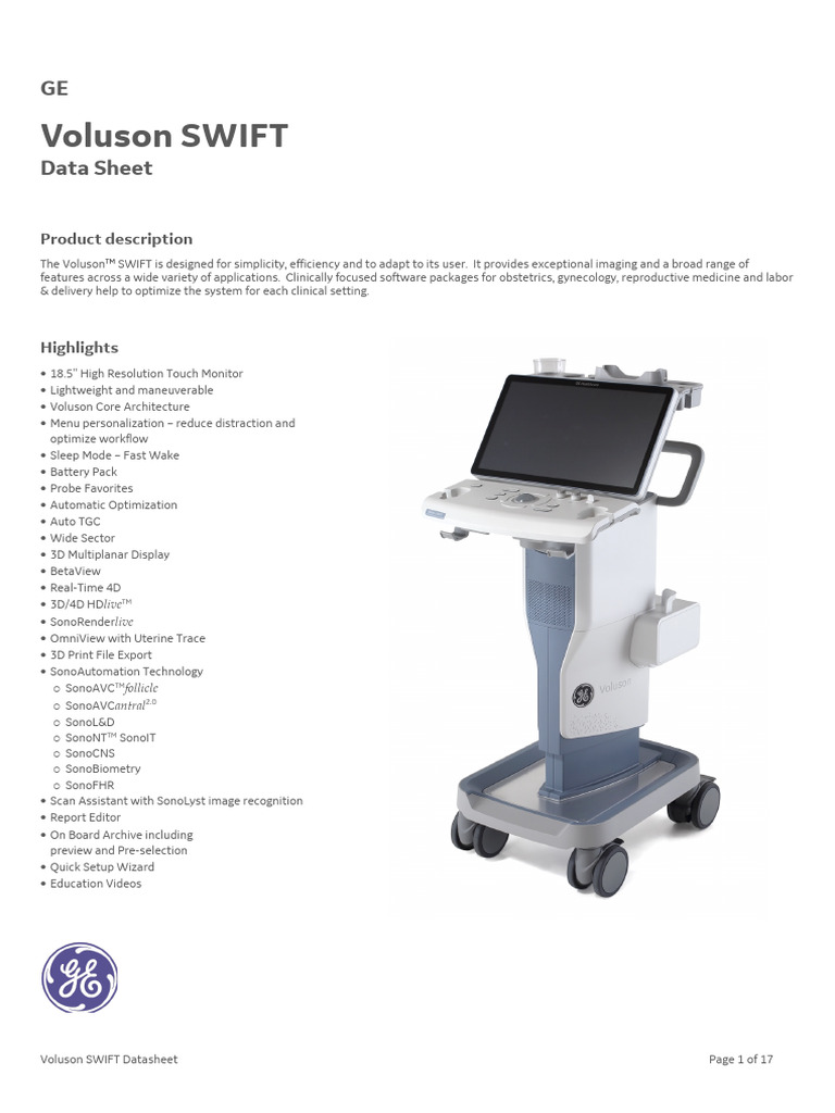 Voluson SWIFT Datasheet DOC2357426 Rev 2 - Commercial | PDF | Medical ...