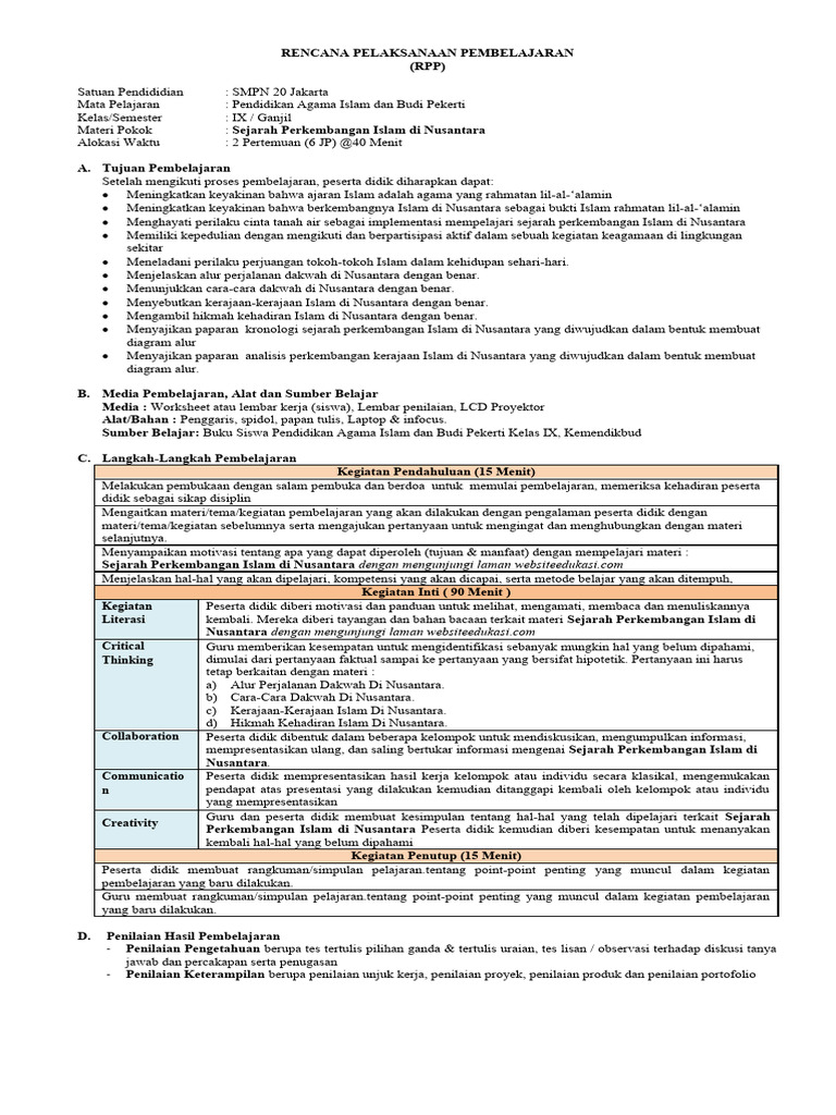 RPP 1 Lembar PAI Kelas 9 k13 (Perkembangan Sejarah Islam Di Nusantara | PDF | Karier & Perkembangan