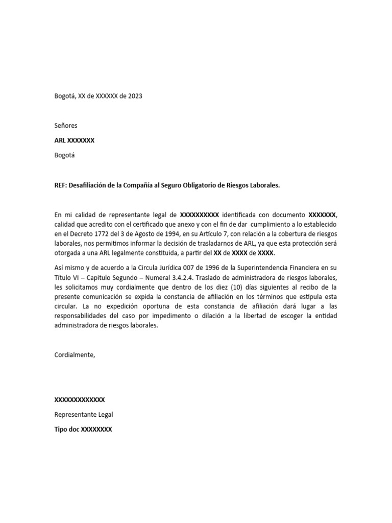Modelo Carta Notificacion de Traslado Arl | PDF