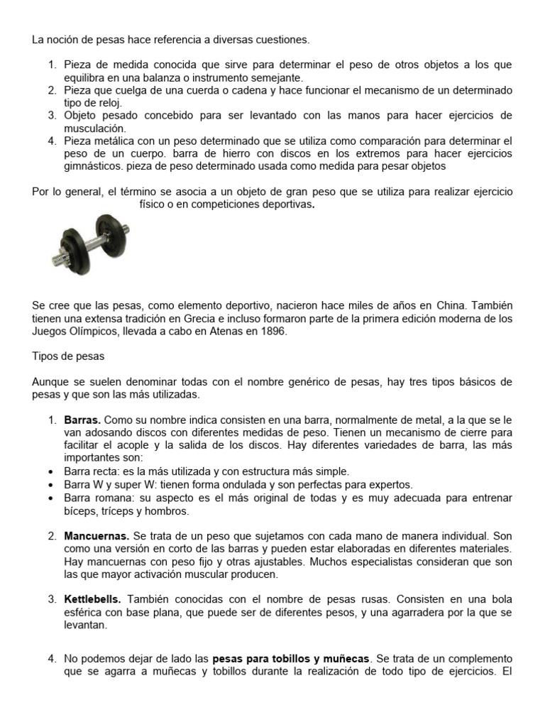 Tipos y beneficios de las pesas | PDF | Entrenamiento con pesas