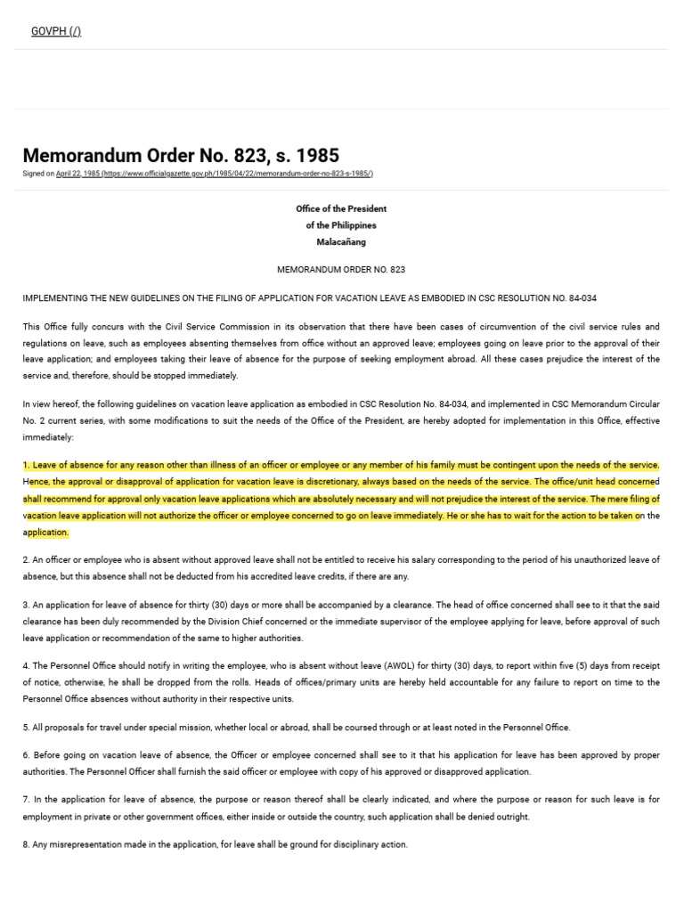 Memorandum Order No. 823, s. 1985 _ Official Gazette of the Republic of ...