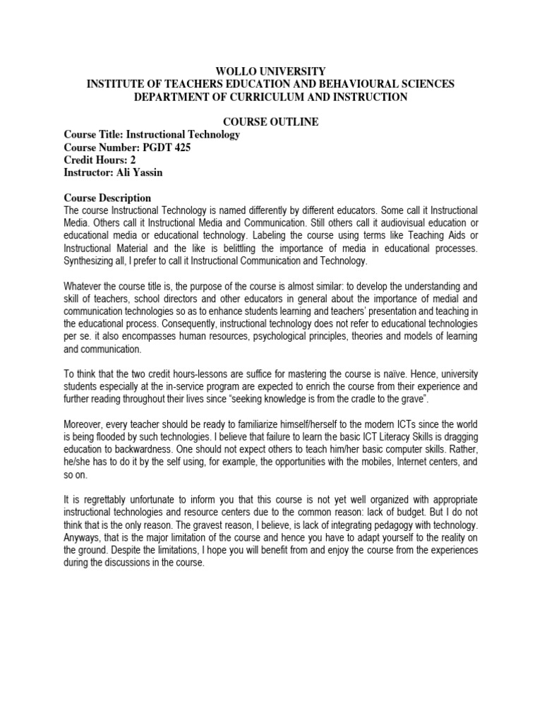 Instructional Technology Course Outline | PDF | Educational Technology | Communication