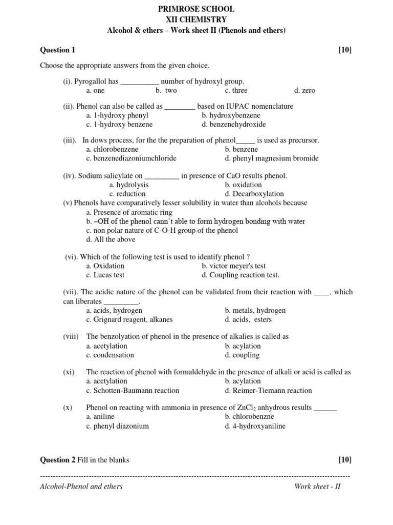 Alcohol - Worksheet - II - Phenols & Ether | PDF | Ether | Chemical ...
