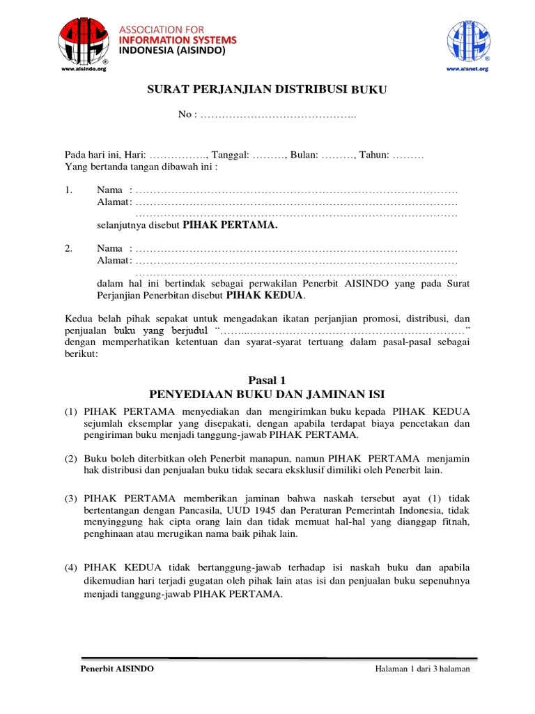Perjanjian Distribusi Buku AISINDO | PDF