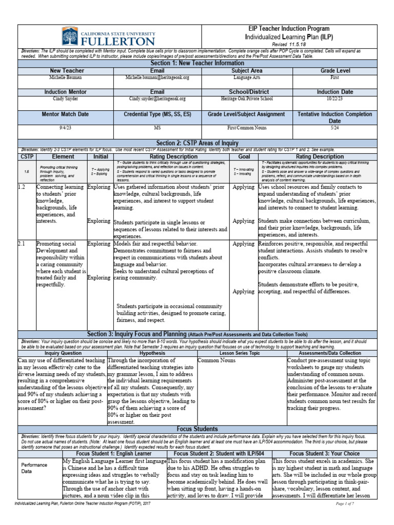 Ilp Form Sem 1 - Michelle Bauman | PDF | Differentiated Instruction ...