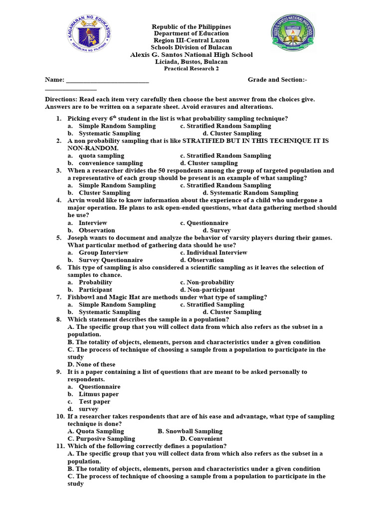 Long Quiz in pr2 Sampling | PDF | Sampling (Statistics) | Survey Methodology
