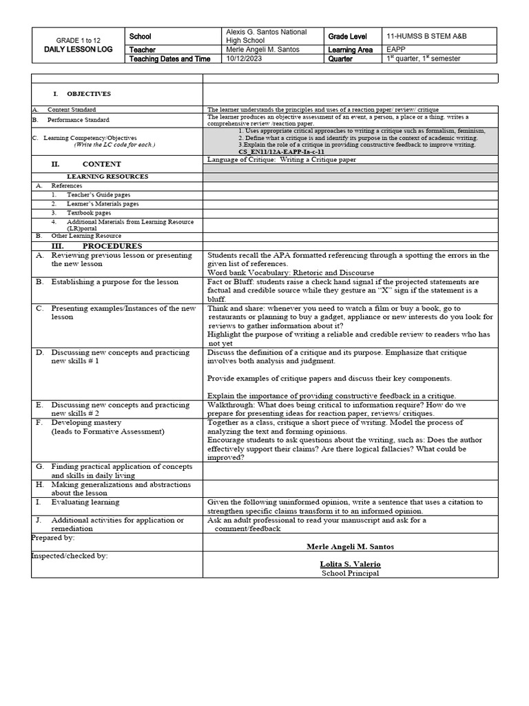 DLL 15 Critiqe Paper Eapp | PDF | Learning | Behavior Modification