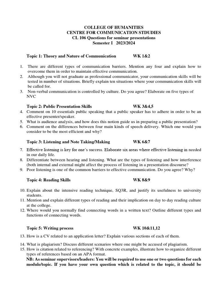 CL 106 Seminar questions-SEM I 2023-24 | PDF | Communication | Public Speaking