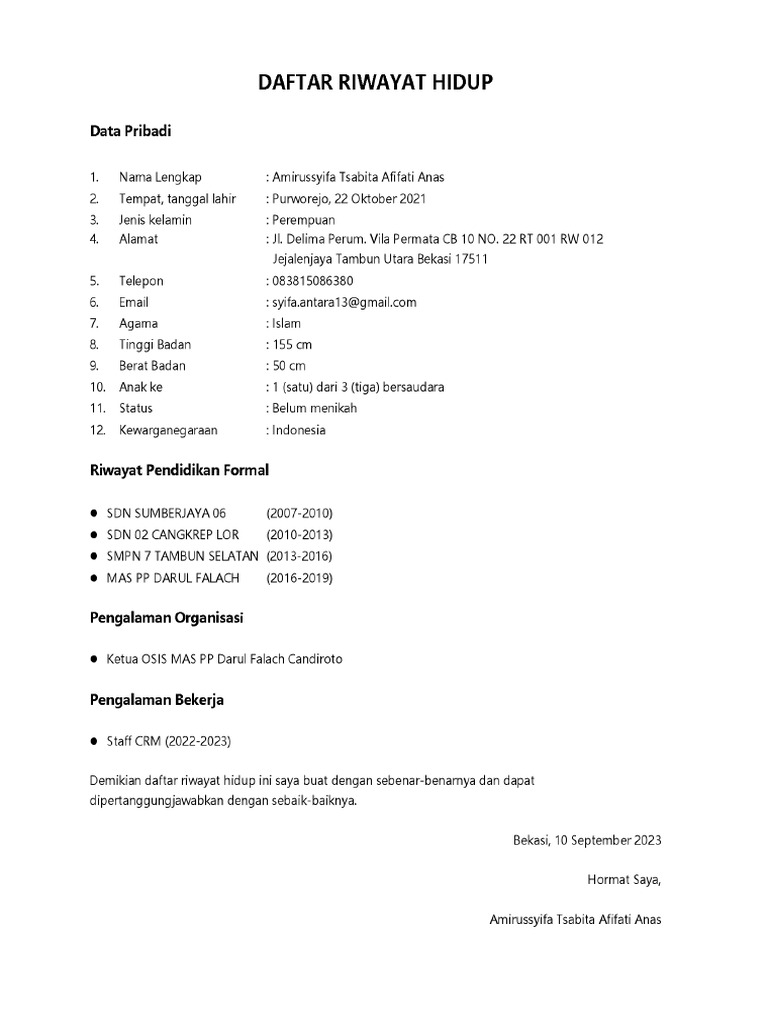 CV Syifa Guru Al Quran SD - Syifa | PDF