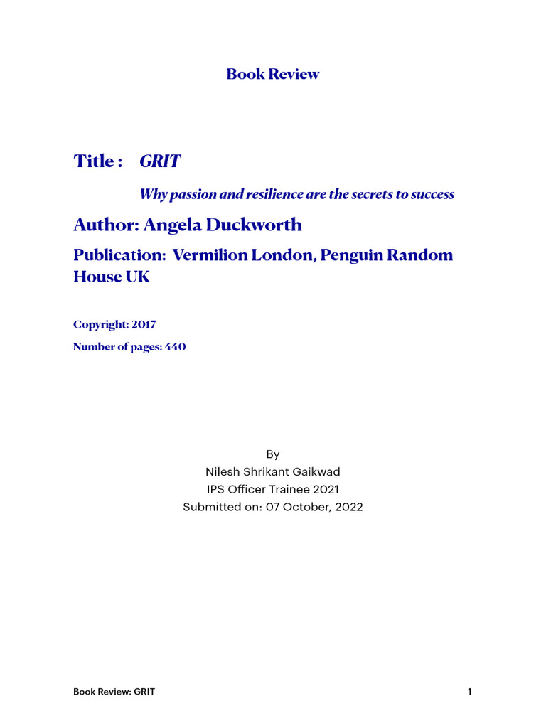 GRIT Book Review | PDF | Grit (Personality Trait) | Cognitive Science