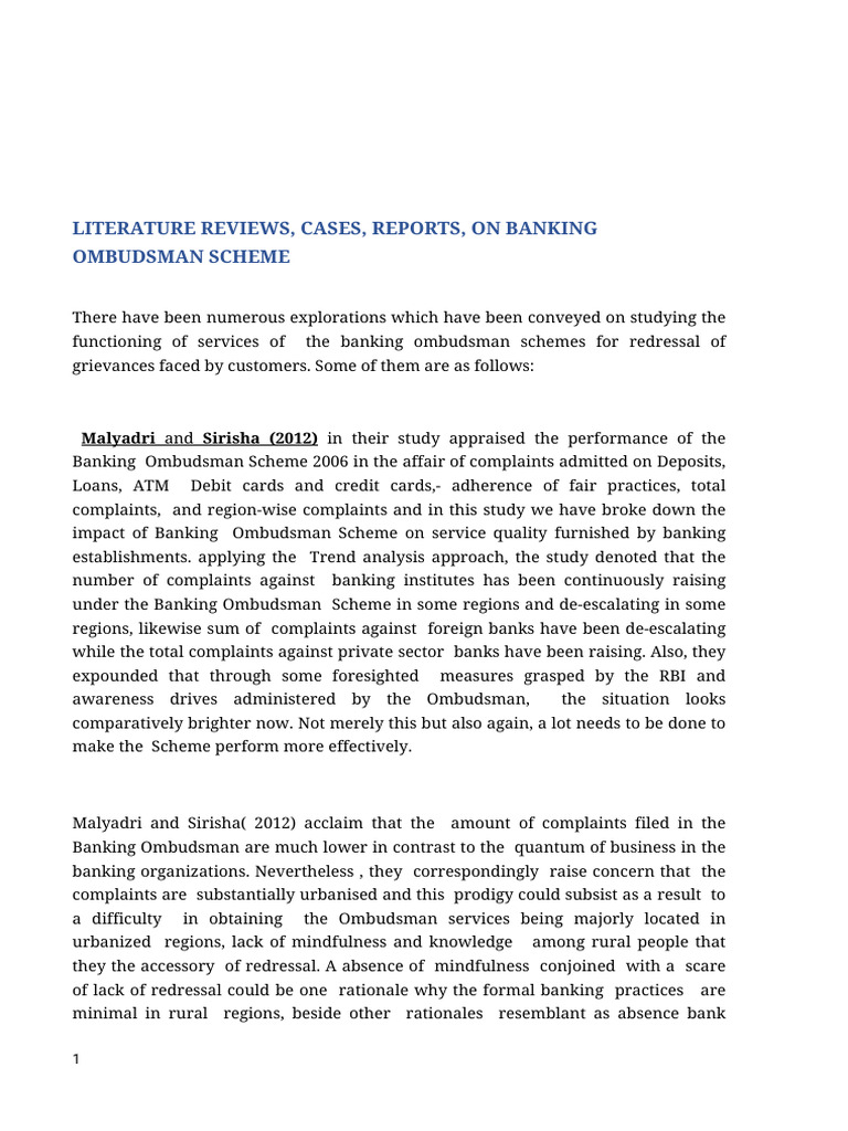 Review On Banking Ombudsman Scheme in India 6 | PDF | Banks | Reserve ...