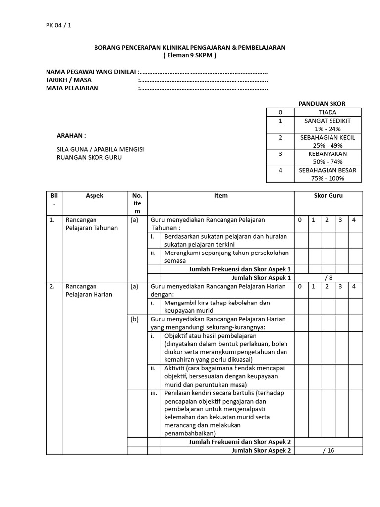 Borang Pencerapan Klinikal Plan 2023 | PDF