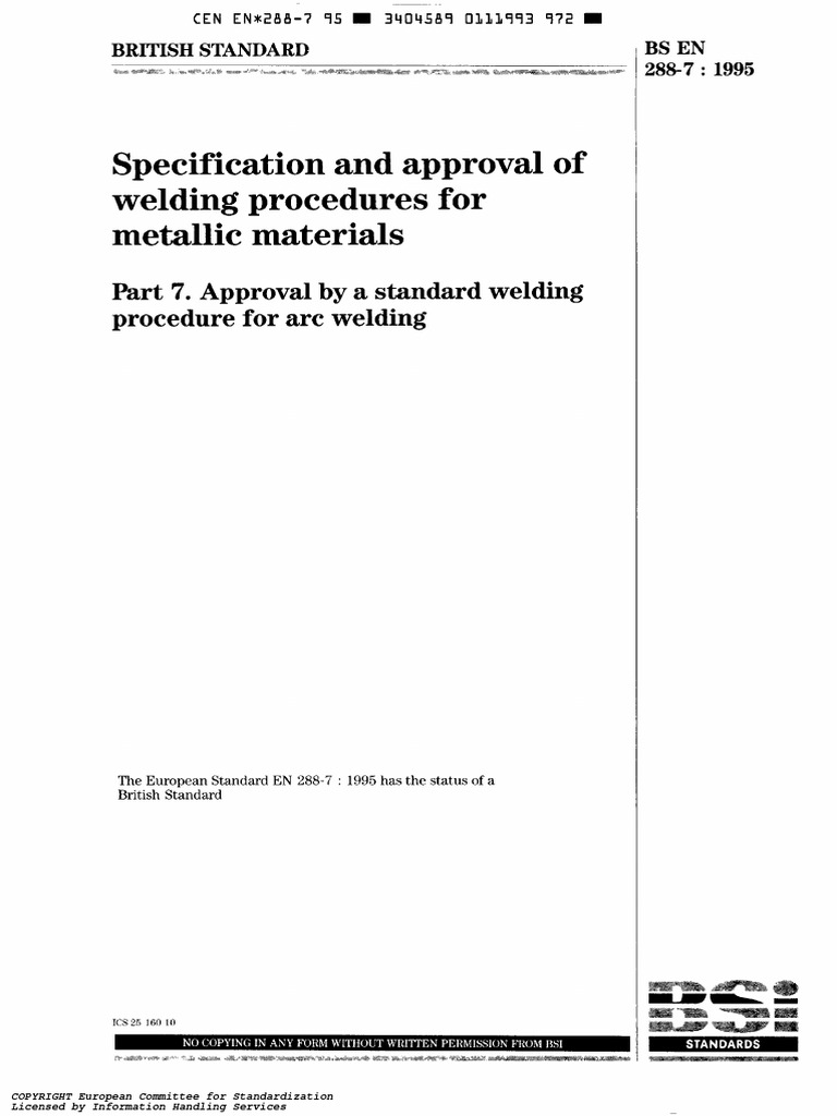 BS en 288-7-1995, Specification | PDF | Welding | Construction