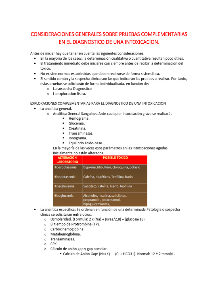 Consideraciones Generales Sobre Pruebas Complementarias en El Diagnostico de Una Intoxicacion ...