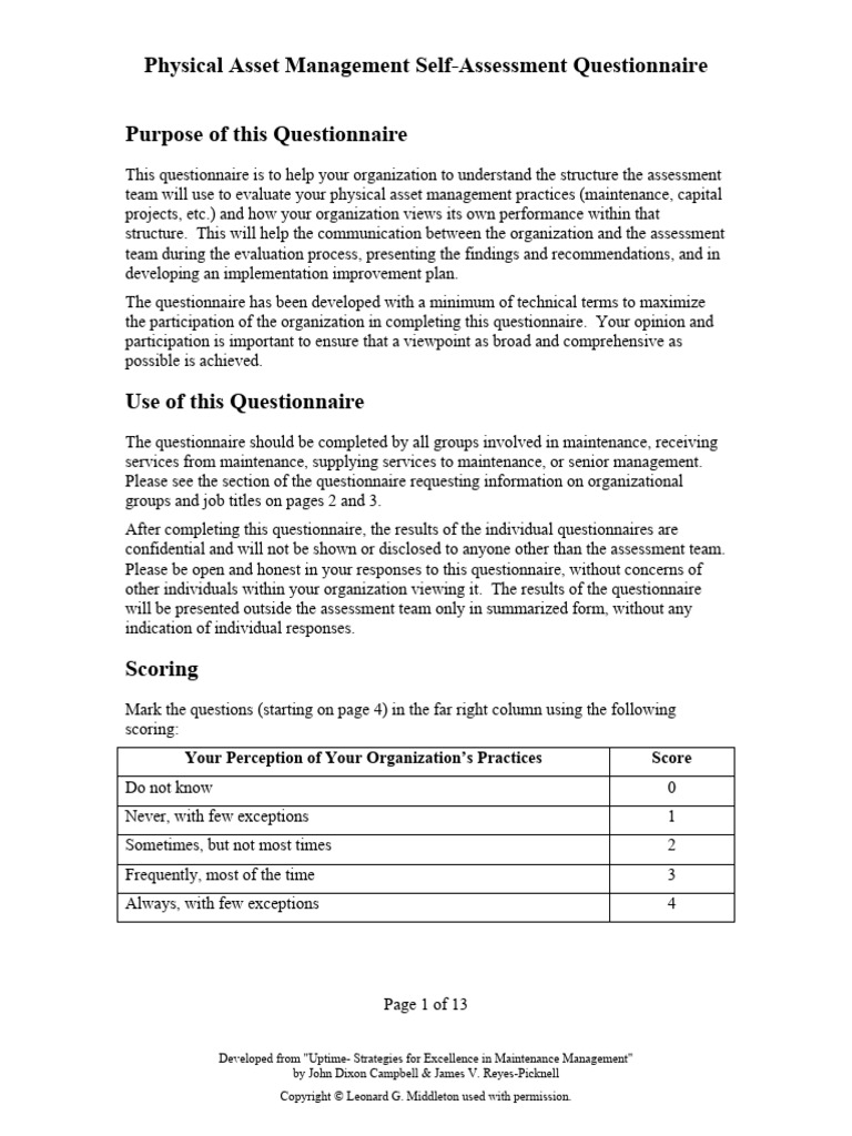 Physical Asset Management Self-Assessment Questionnaire | PDF | Reliability Engineering | Asset ...