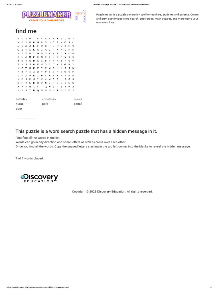 Hidden Message Puzzle - Discovery Education Puzzlemaker | PDF