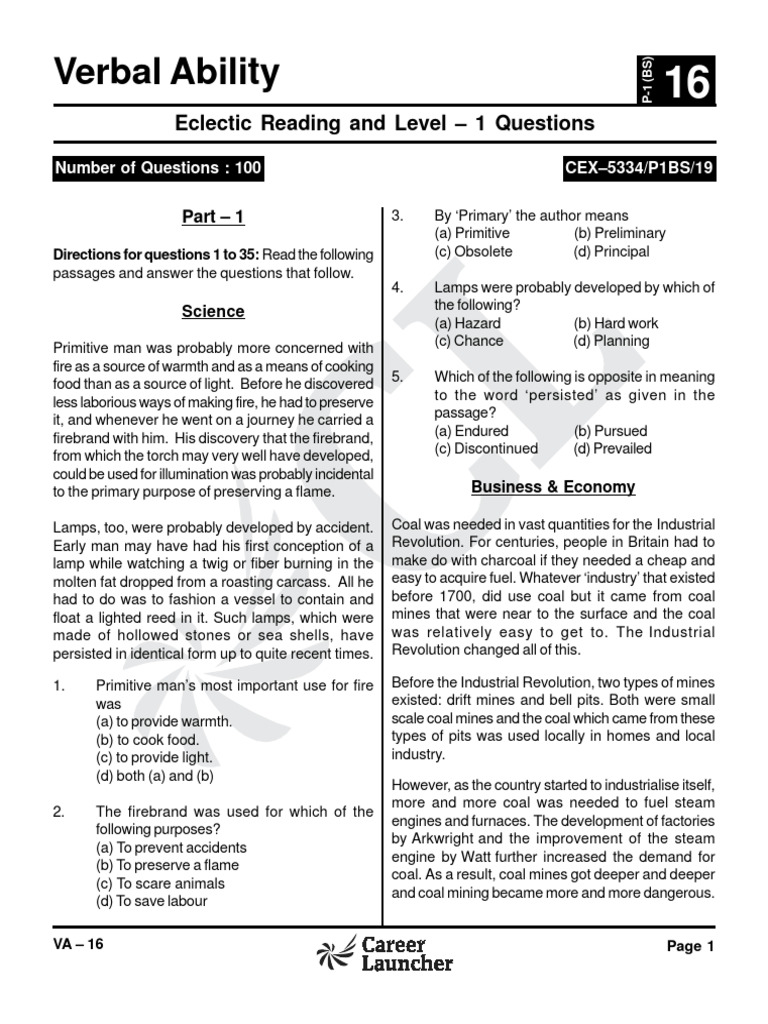 Verbal Ability: Eclectic Reading and Level - 1 Questions | PDF ...