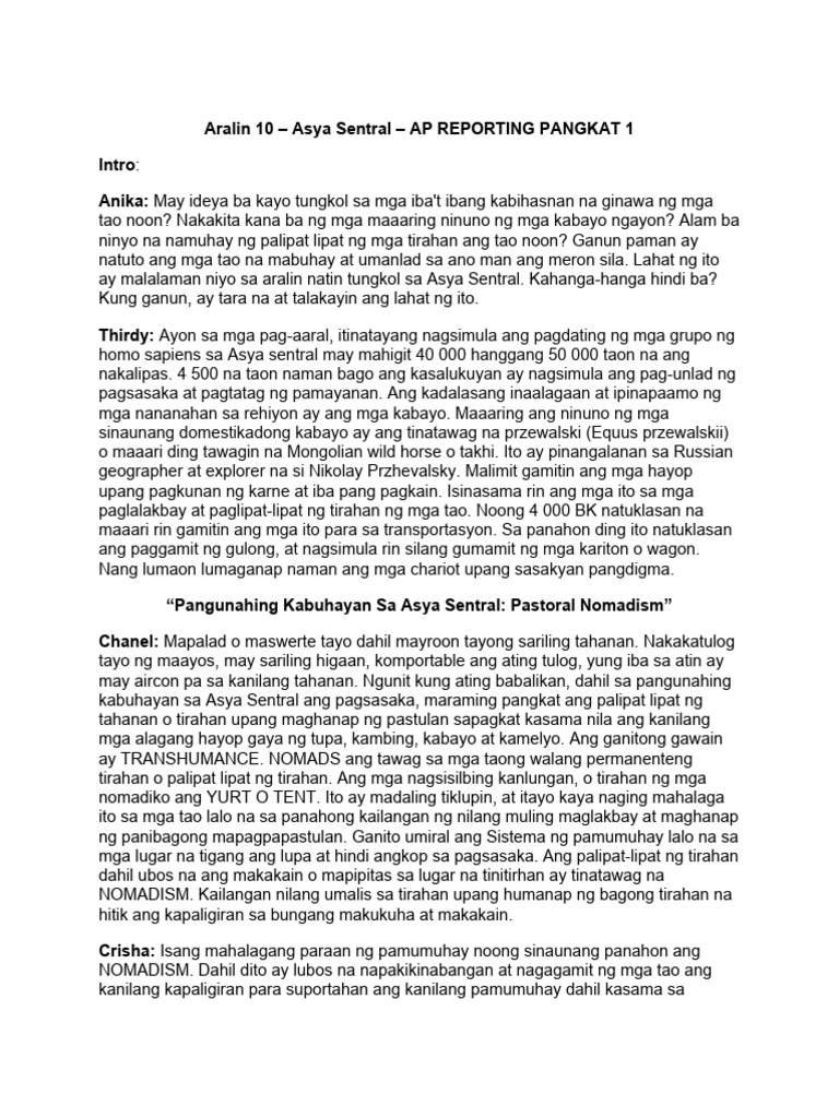 Aralin 10 – Asya Sentral – AP Reporting Pangkat 1 | PDF