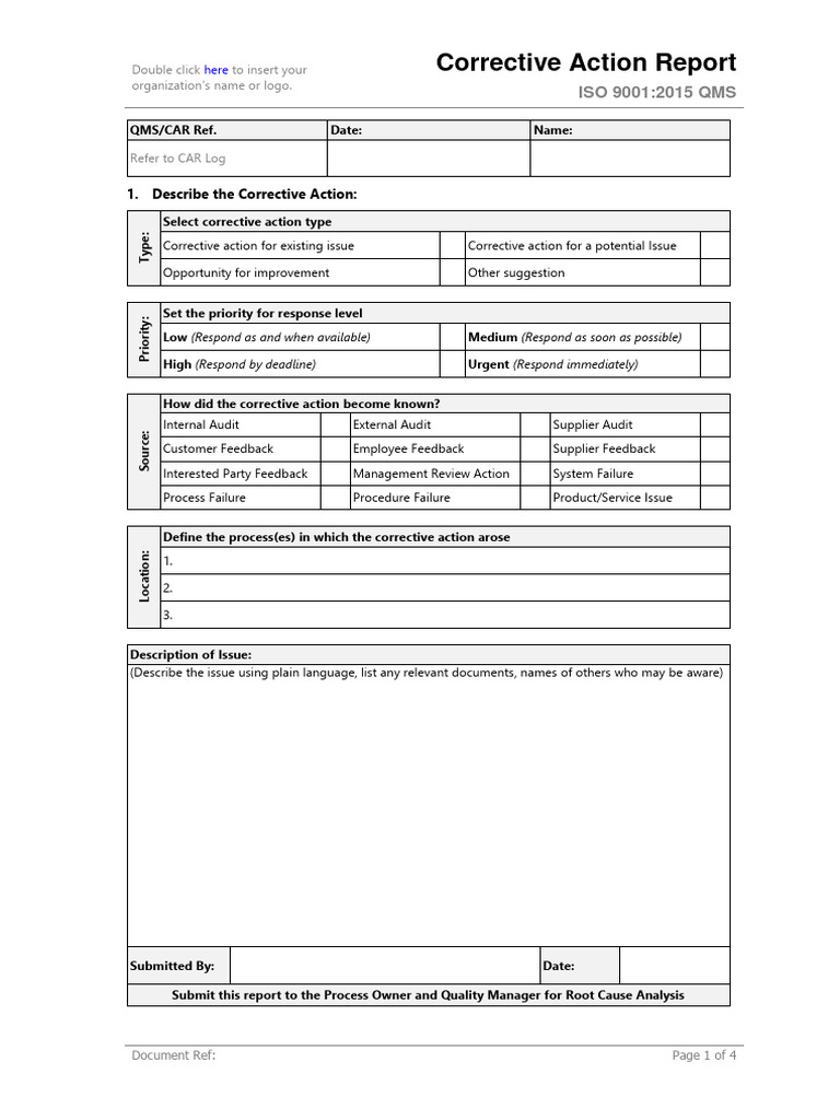 ISO 9001 Corrective Action Report Template | PDF | Iso 9000 | Quality ...