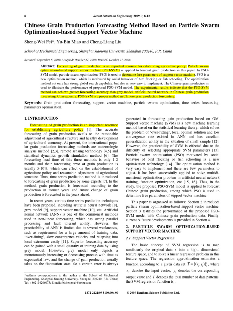 Fei - Grain Production Forecasting Based On PSO-based SVM - 2009 | PDF ... Fei - Grain Production Forecasting Based On PSO-based SVM - 2009 | PDF ...