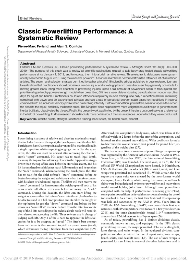 Classic Powerlifting Performance A Systematic 21 Pdf Weight