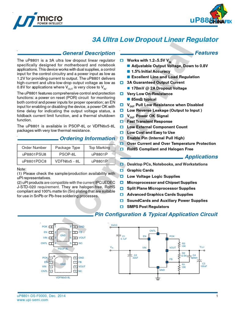 uPI Confidential: 3A Ultra Low Dropout Linear Regulator | PDF | Capacitor | Electronic Circuits