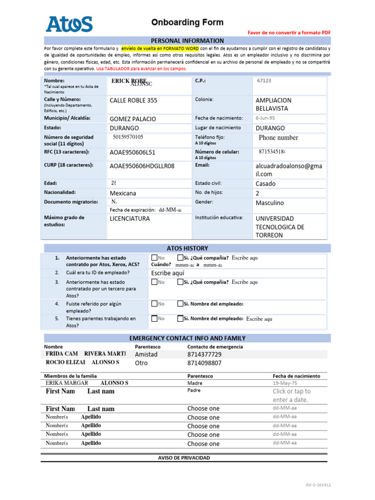 Formulario de Onboarding Atos | PDF