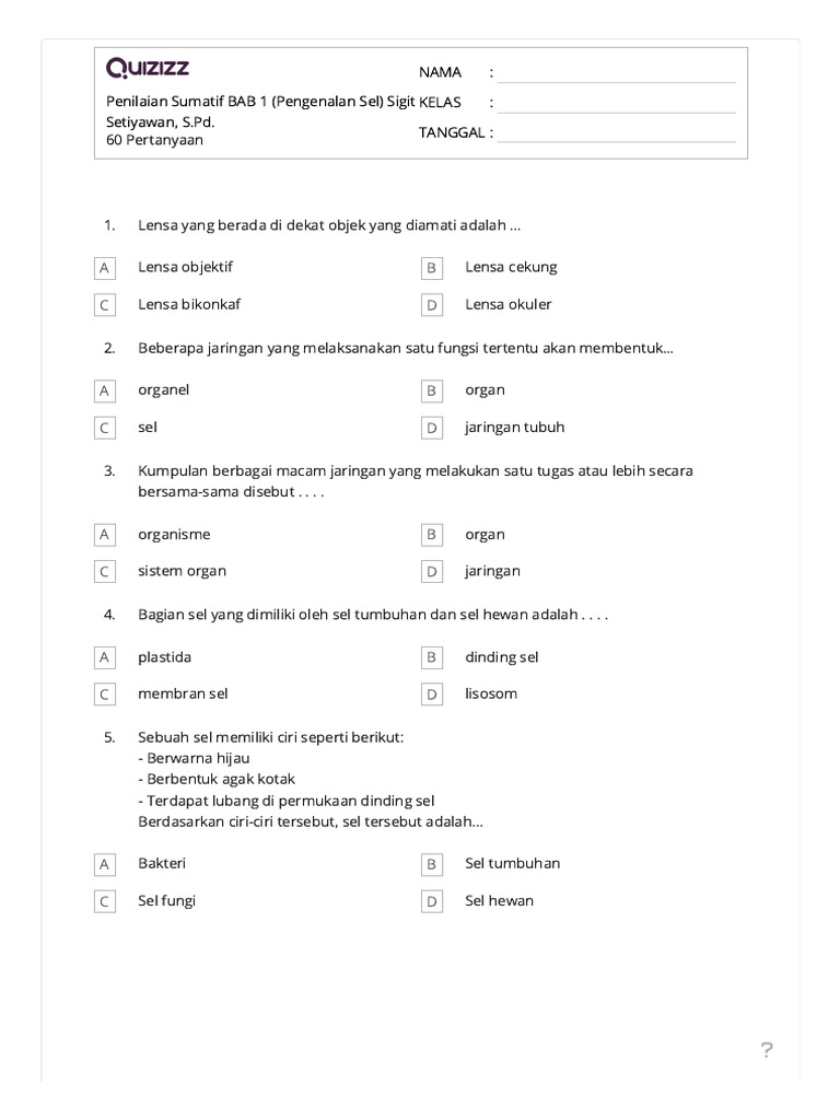 Penilaian Sumatif BAB 1 (Pengenalan Sel) Sigit Setiyawan, S.PD | PDF