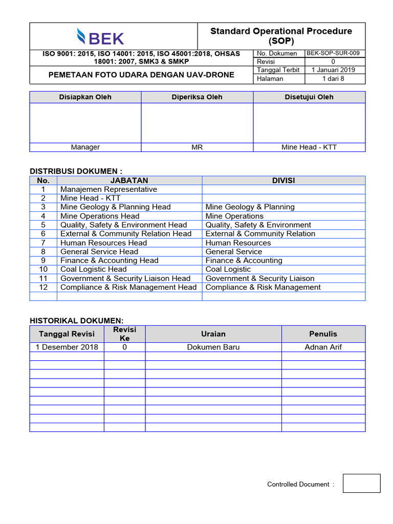BEK-SOP-SUR-009 Pemetaan Foto Udara Dengan UAV-Drone Rev. 0 | PDF