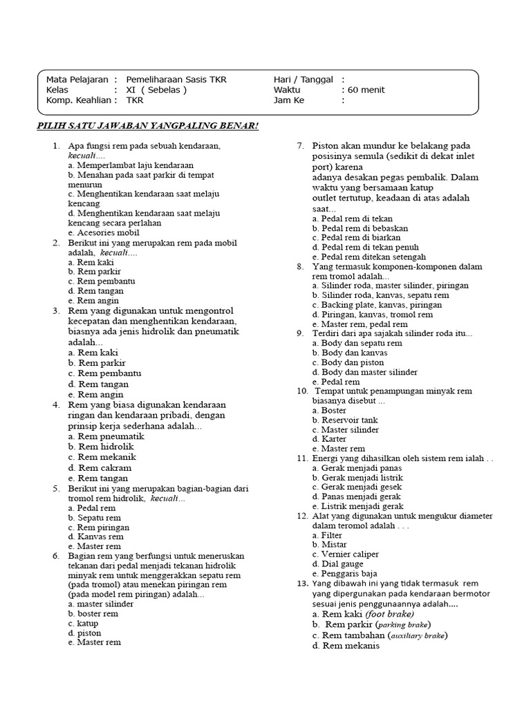 Soal - Casis Xi TKR | PDF