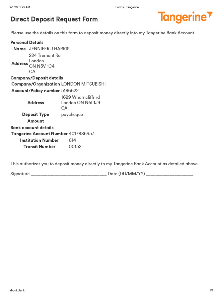 Forms - Tangerine - Direct Deposit | PDF