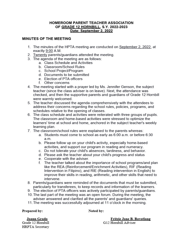 Minutes of The Meeting Homeroom Parent Teacher Association | PDF ...