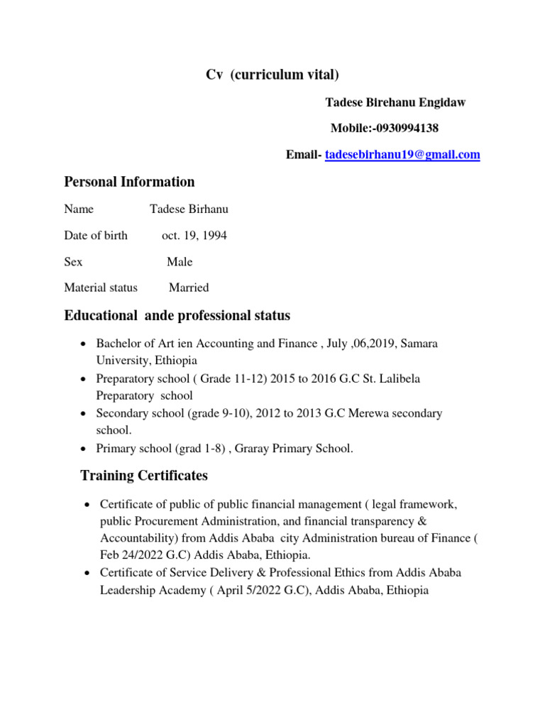 CV (Curriculum Vital) : Mobile:-0930994138 Email | PDF | Ethiopia ...