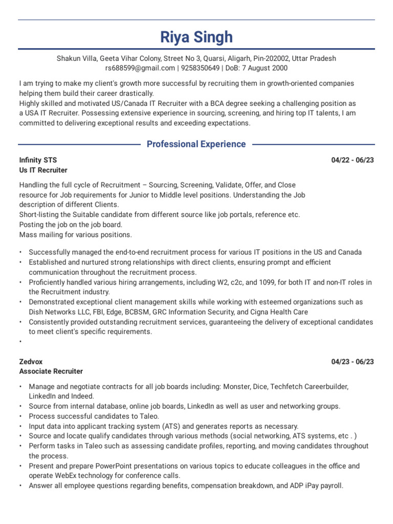 Riya Singh - Resume Updated 2023 | PDF | Recruitment | Business