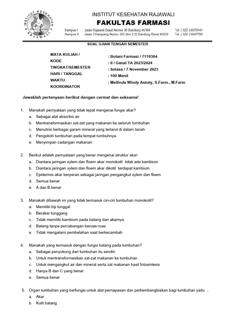 Soal UTS Botani Farmasi-1 | PDF