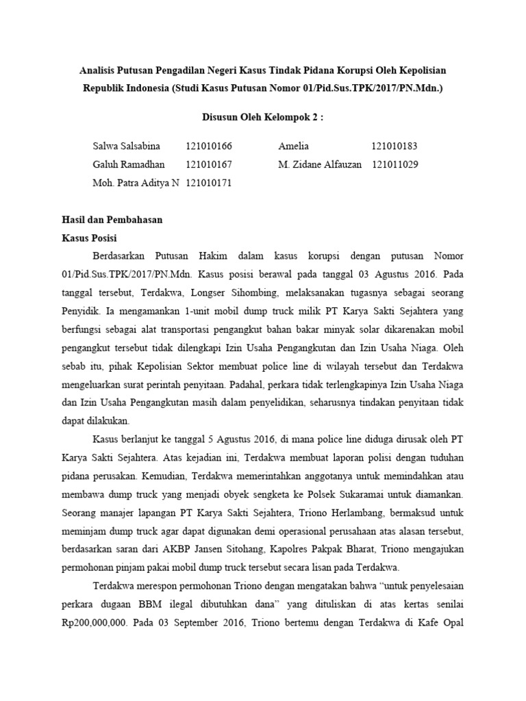 Analisis Putusan Pengadilan Negeri Kasus Tindak Pidana Korupsi Oleh Kepolisian R | PDF | Hukum