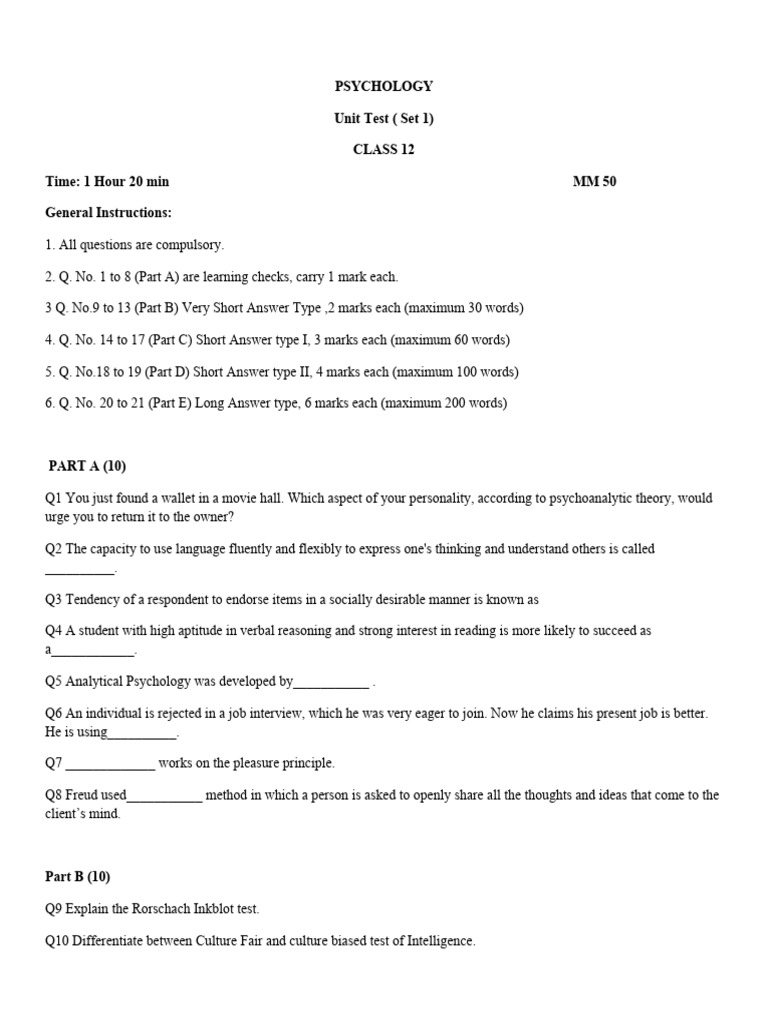 Psychology Unit Test Xii | PDF | Psychology | Intelligence